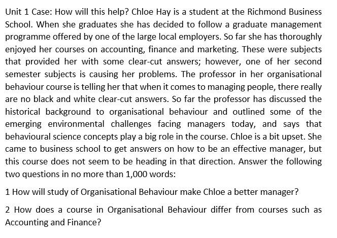 Solved Unit 1 Case: How will this help? Chloe Hay is a | Chegg.com