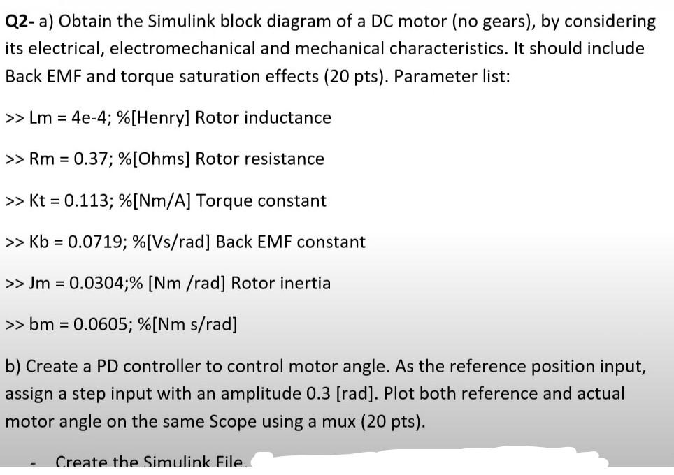 Q2- a) Obtain the Simulink block diagram of a DC | Chegg.com