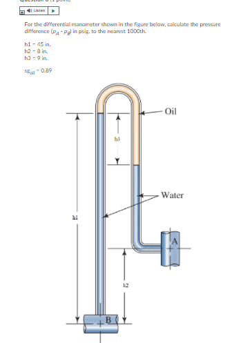 Solved Question 9 (1 point) For the compound manometer shown | Chegg.com