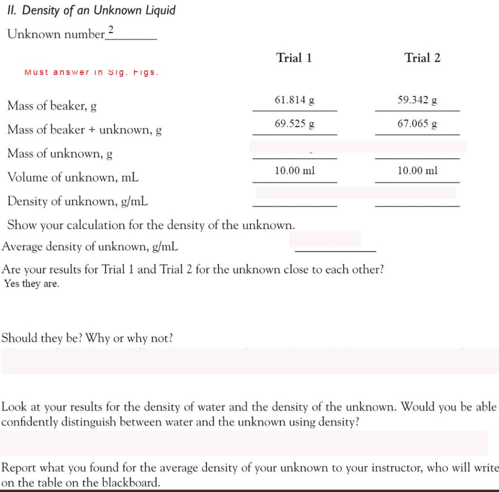 Solved II. Density of an Unknown Liquid Unknown number 2 | Chegg.com