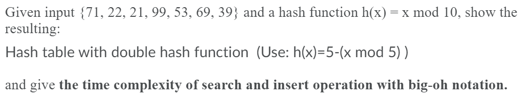 Solved Given input {71, 22, 21, 99, 53, 69, 39} and a hash | Chegg.com