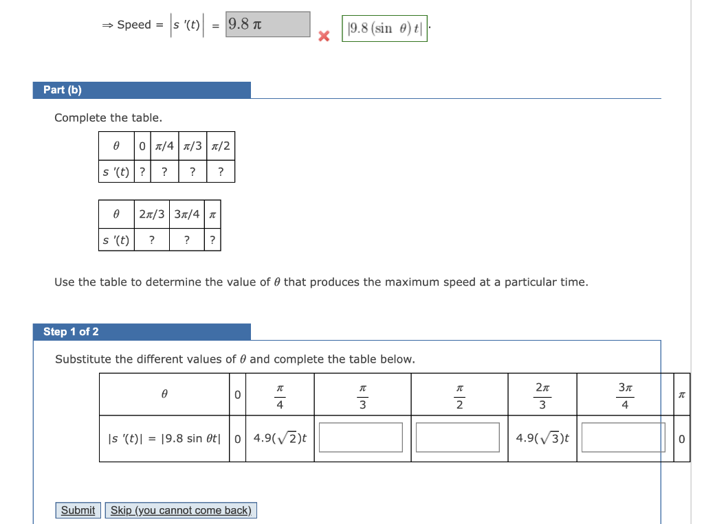 Solved ⇒ Speed =∣s′(t)∣= Part (b) Complete the table. Use | Chegg.com