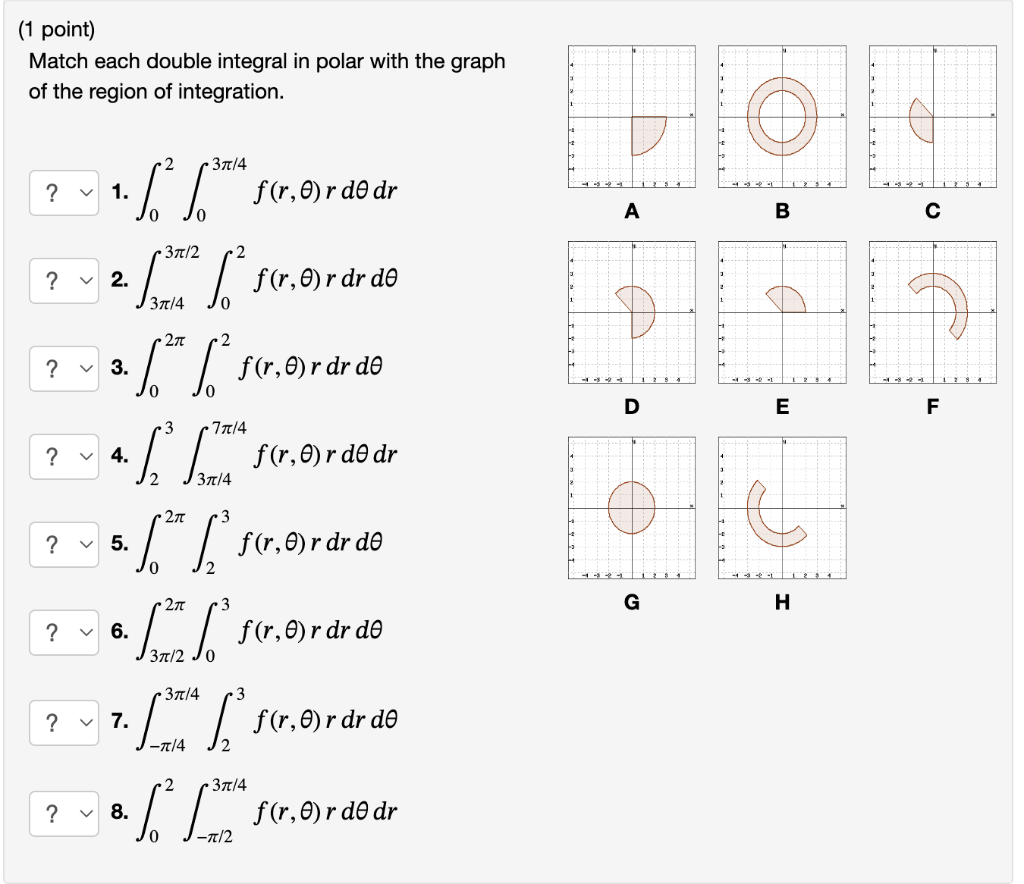(1 point) Match each double integral in polar with | Chegg.com