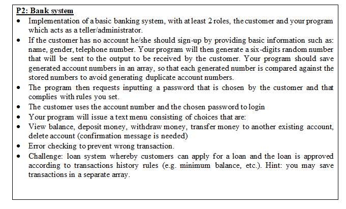 P2: Bank system Implementation of a basic banking | Chegg.com