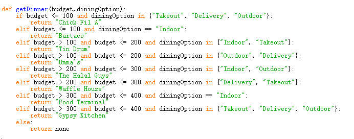 Solved Function Name: alternateDinner() Parameters: budget | Chegg.com