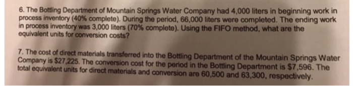 Solved The Bottling Department of Mountain Springs Water | Chegg.com