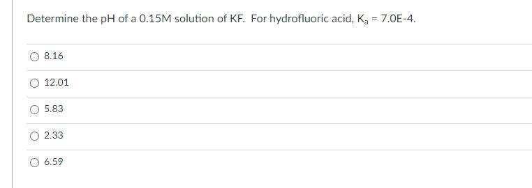 Solved Determine the pH of a 0.15M solution of KF. For | Chegg.com