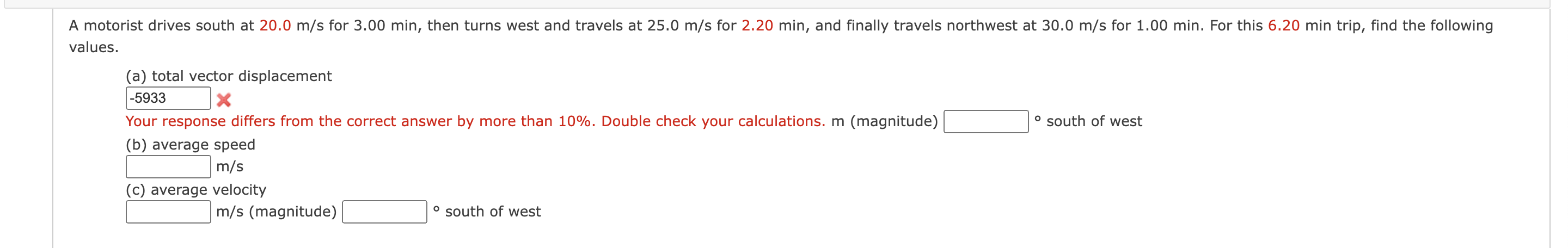 Solved values. (a) total vector displacement x Your response | Chegg.com