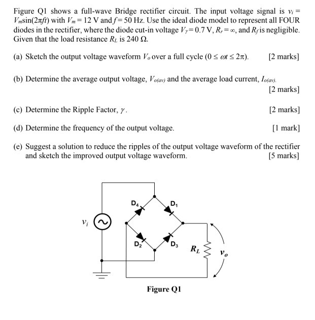 Solved Figure Q1 shows a full-wave Bridge rectifier circuit. | Chegg.com