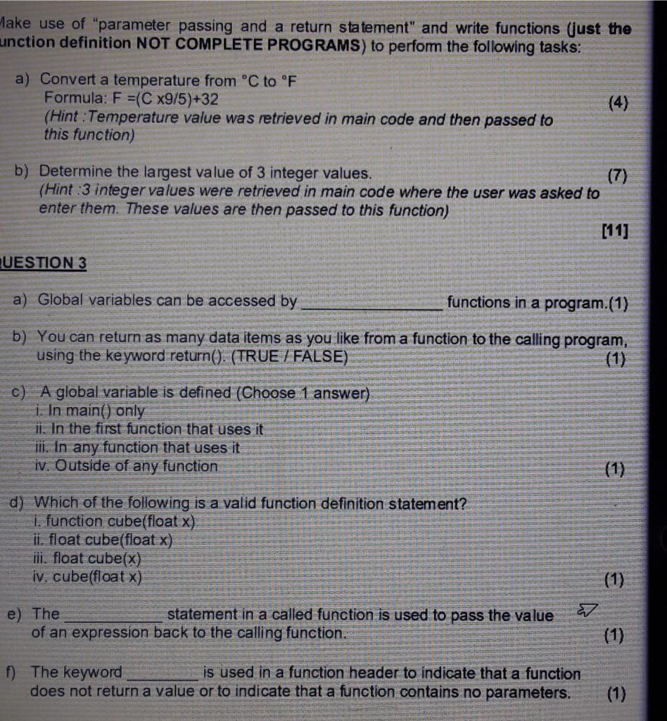 Solved lake use of "parameter passing and a return | Chegg.com