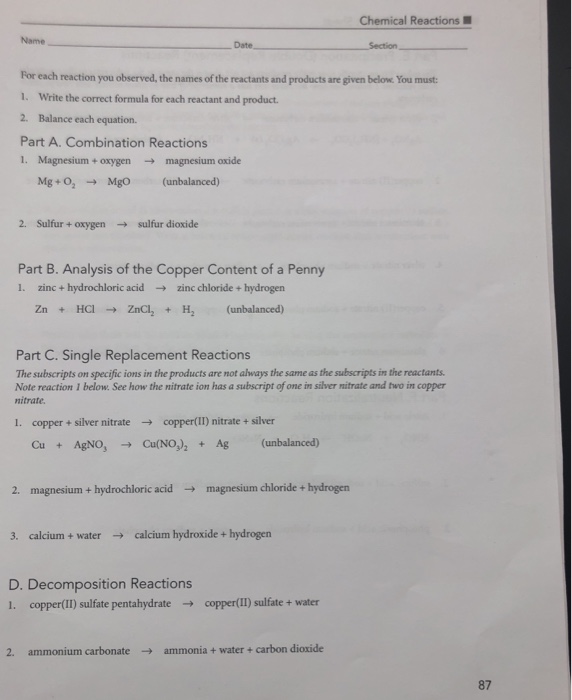 Solved Chemical Reactions Name Date Section For each | Chegg.com
