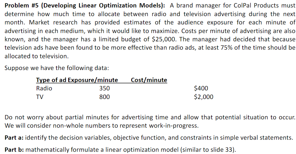 Solved Problem \#5 (Developing Linear Optimization Models): | Chegg.com