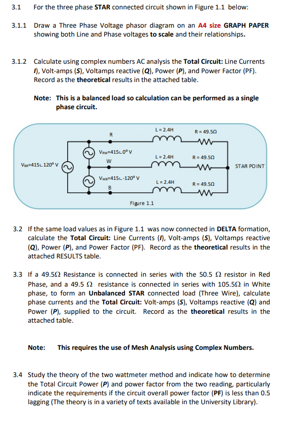Solved 3.1 For the three phase STAR connected circuit shown | Chegg.com