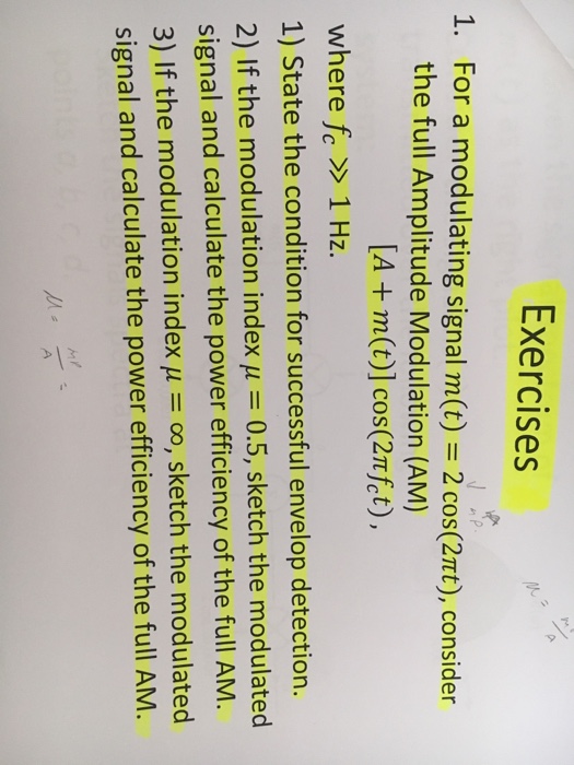 Solved Exercises ?. 1. For a modulating signal m(t) = 2 | Chegg.com
