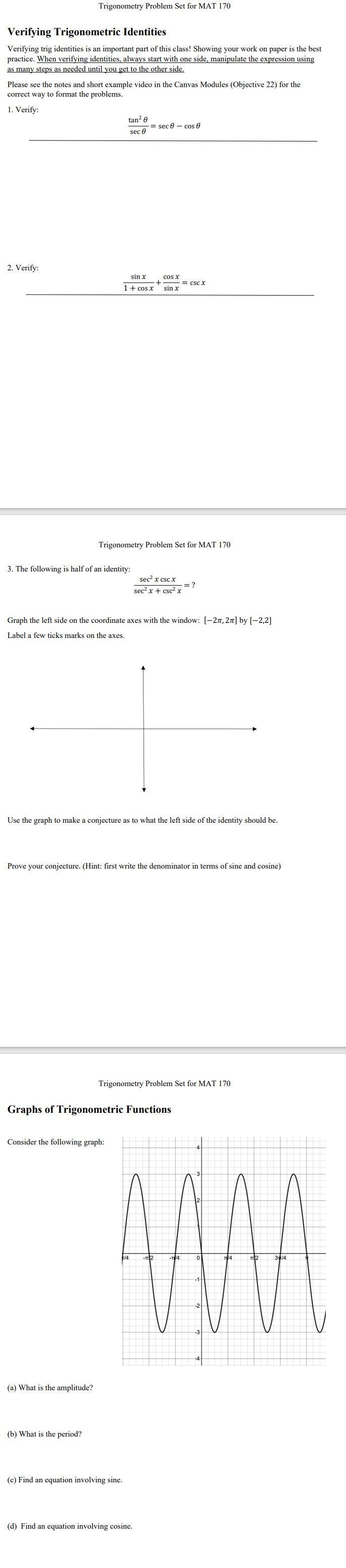 Solved Trigonometry Problem Set for MAT 170 Verifying | Chegg.com