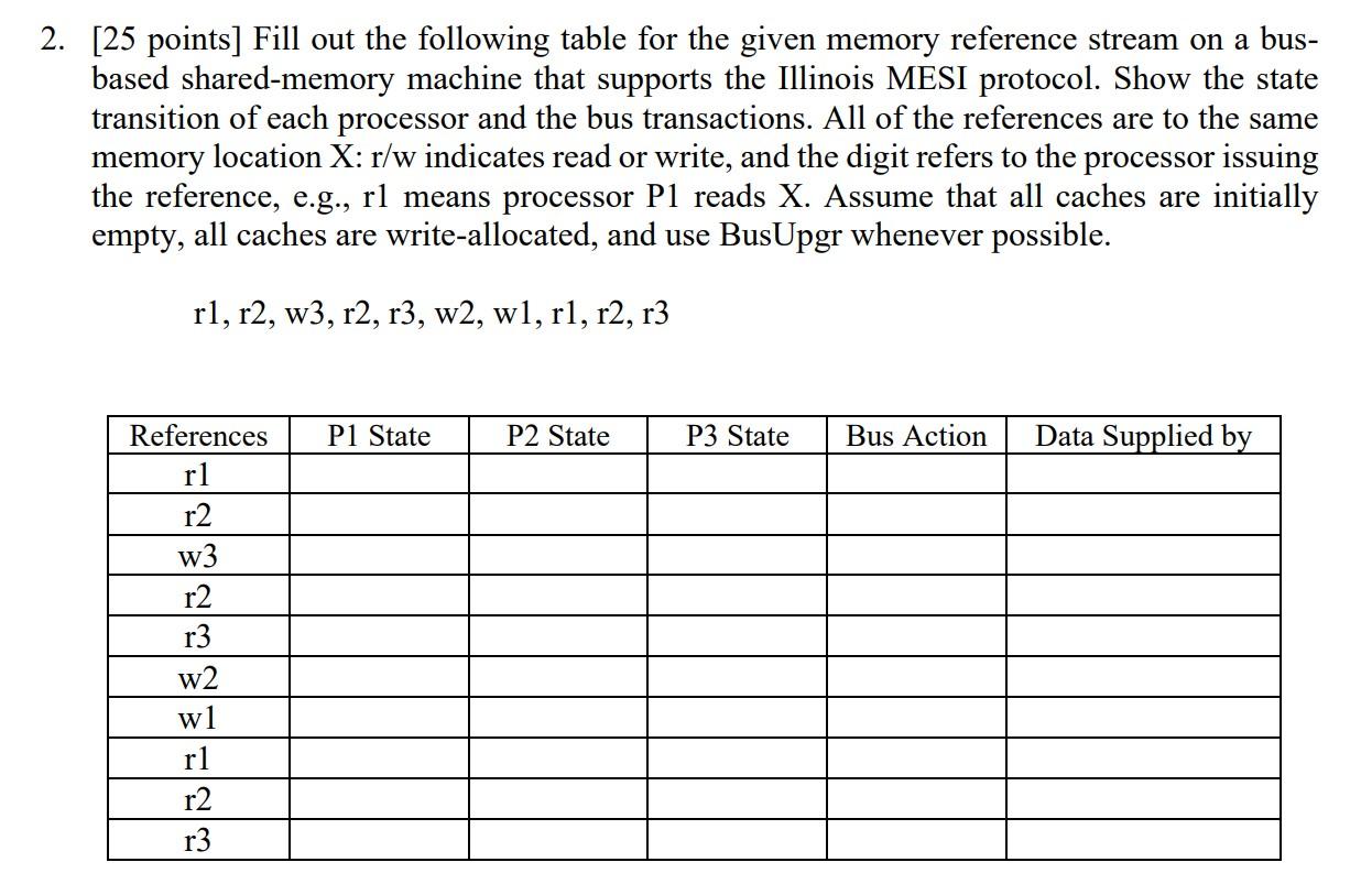 [25 points] Fill out the following table for the | Chegg.com