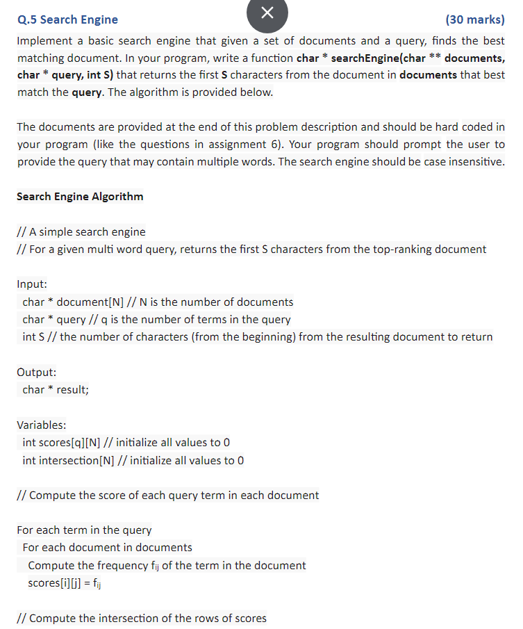 Solved Q.5 Search Engine (30 marks) Implement a basic search | Chegg.com