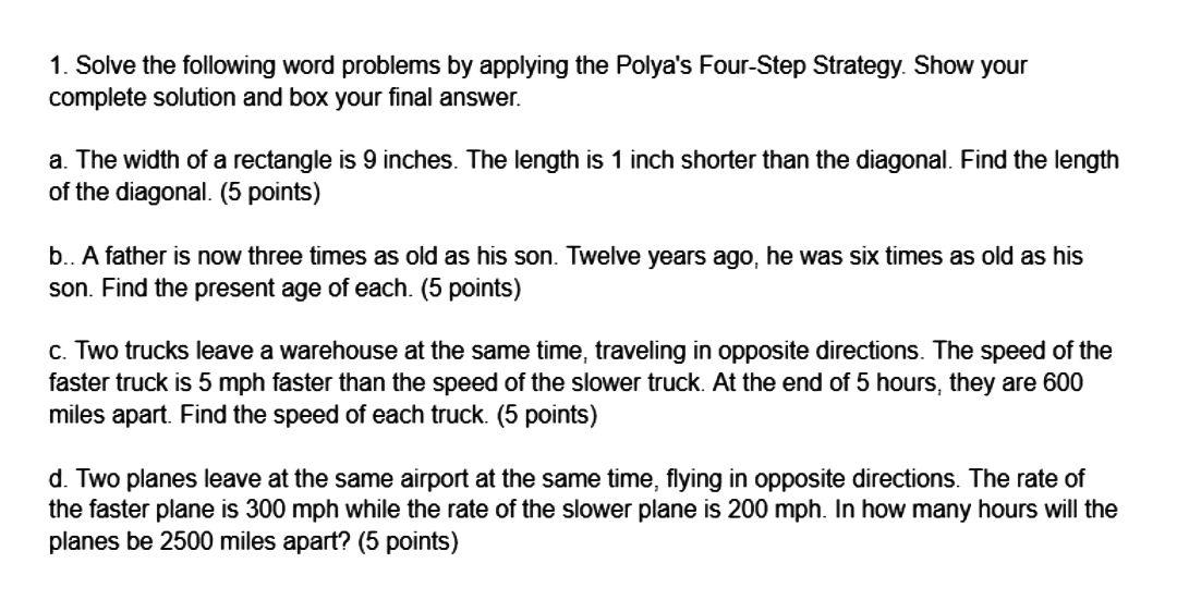 Solved 1. Solve the following word problems by applying the | Chegg.com