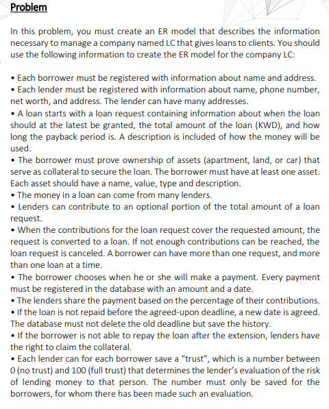 Solved Problem In this problem, you must create an ER model | Chegg.com