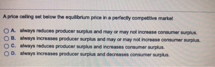 Solved A price ceiling set below the equilibrium price in a | Chegg.com