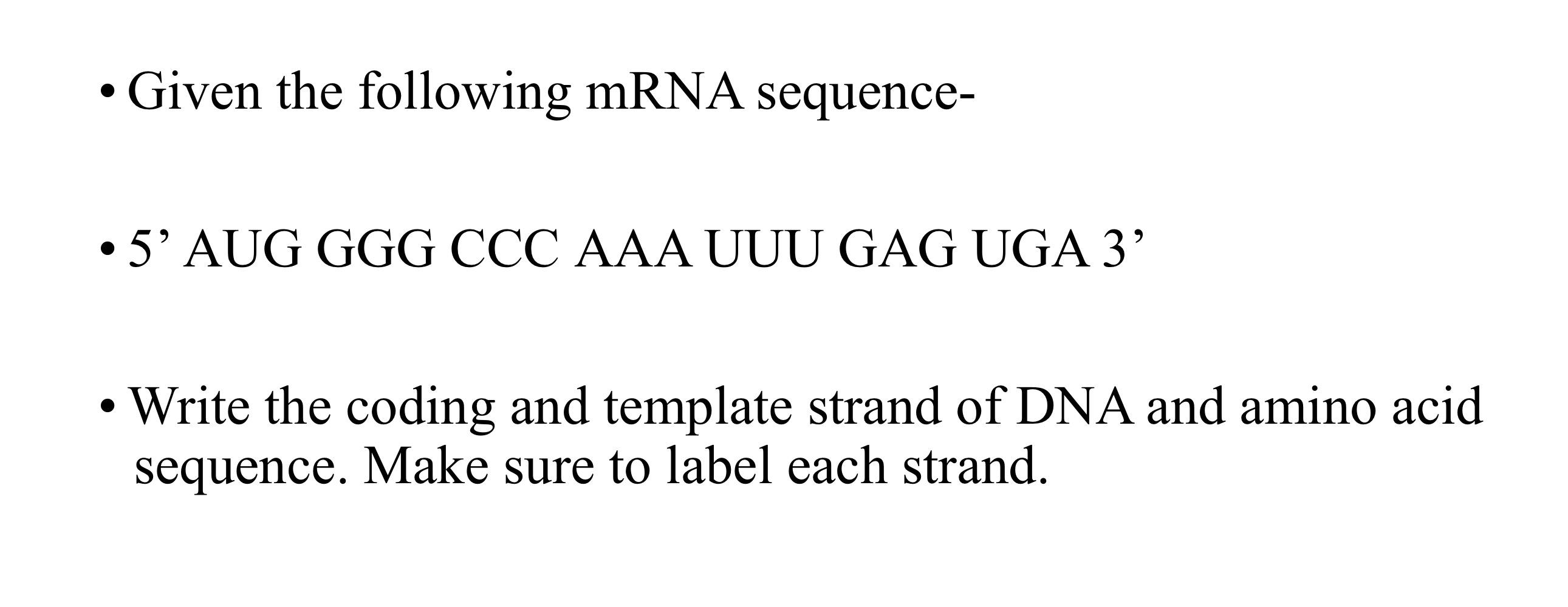 Solved Given the following mRNA sequence- . 5' AUG GGG CCC | Chegg.com