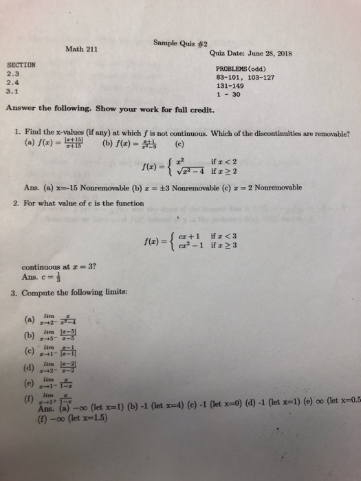 Solved Sample Quiz #2 Math 211 Quiz Date: June 28, 2018 | Chegg.com