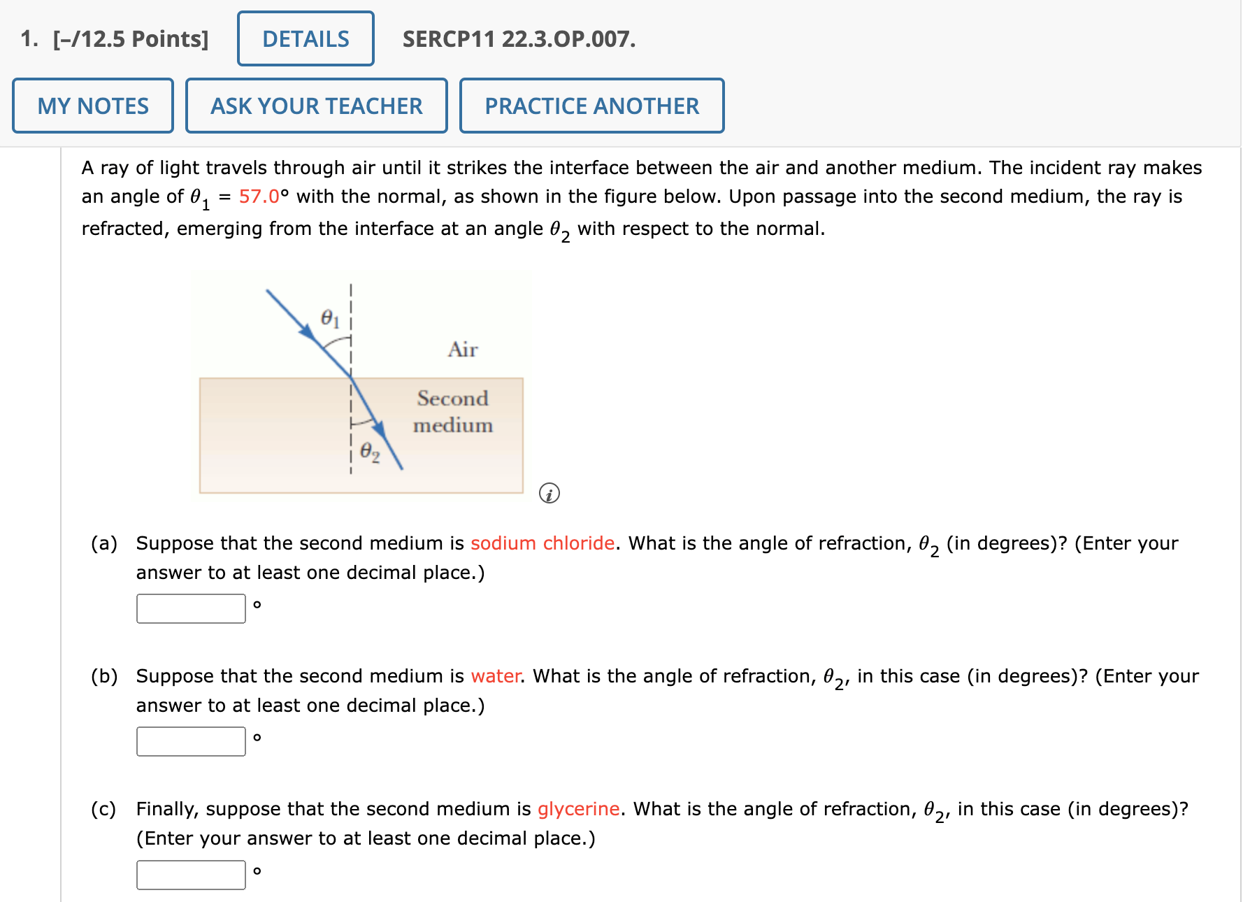 Solved A ray of light travels through air until it strikes | Chegg.com