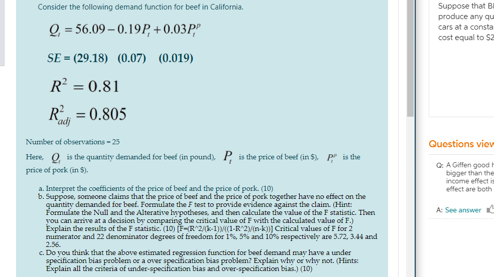 Solved Consider the following demand function for beef in | Chegg.com