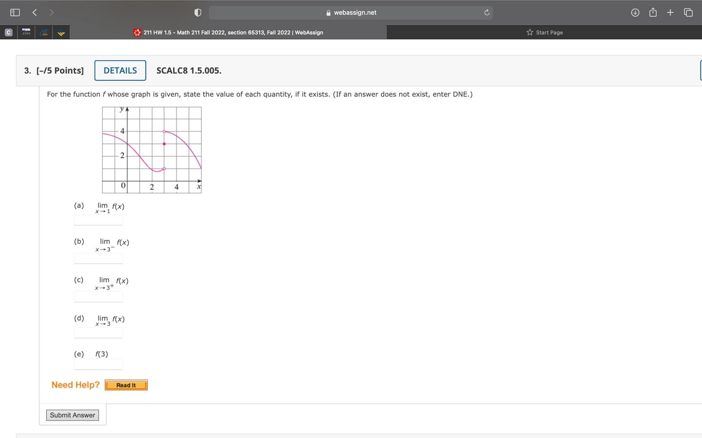 Solved 3. [-/5 Points] DETAILS SCALC8 1.5.005. For the | Chegg.com