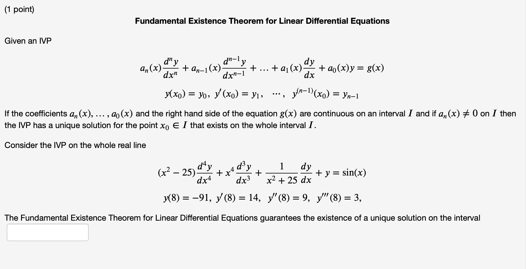 Solved (1 point) Fundamental Existence Theorem for Linear | Chegg.com