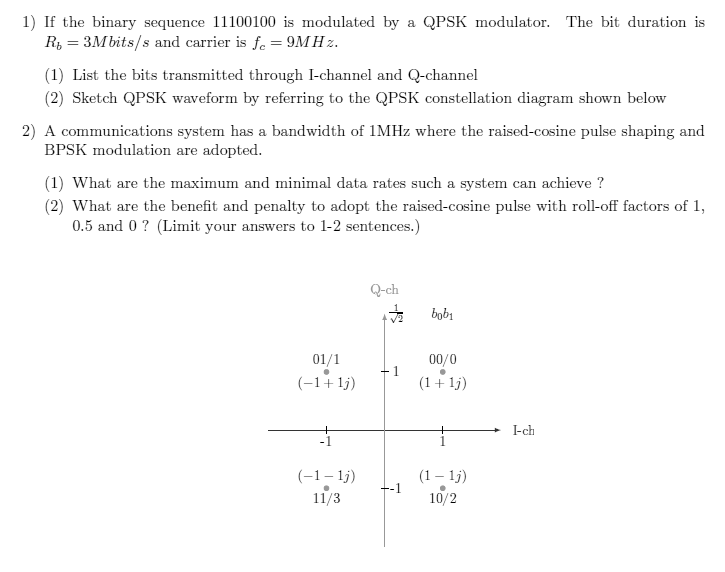 Solved 1) If the binary sequence 11100100 is modulated by a | Chegg.com