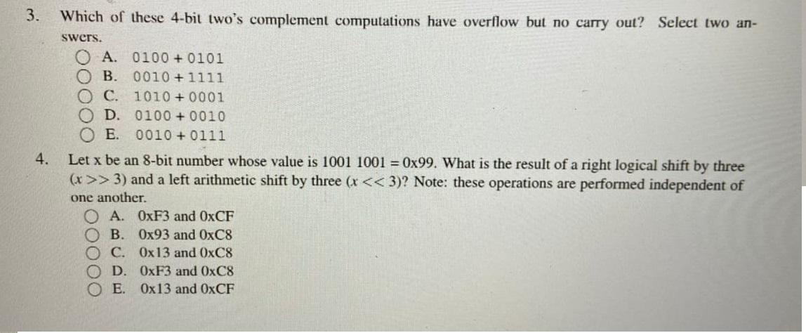Solved 3. Which of these 4-bit two's complement computations | Chegg.com