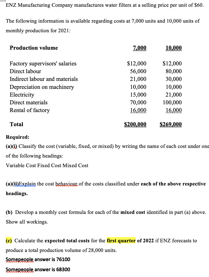 Solved ENZ Manufacturing Company manufactures water filters | Chegg.com