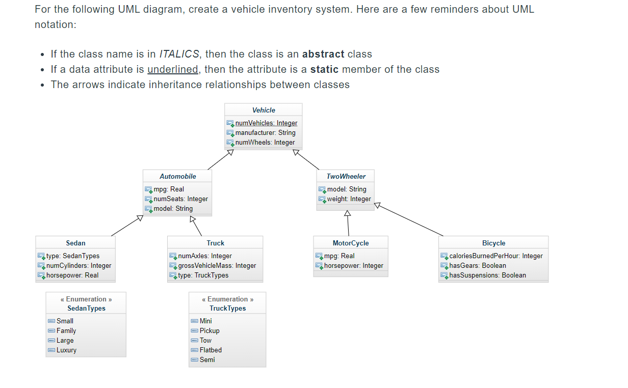 Solved For the following UML diagram, create a vehicle | Chegg.com