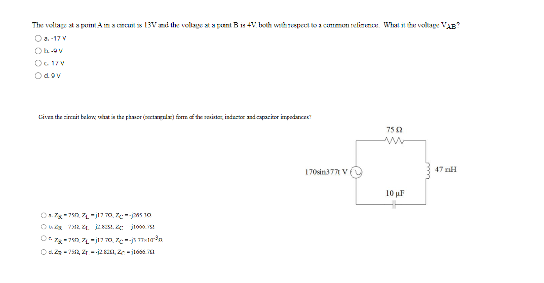 Solved The voltage at a point A in a circuit is 13V and the | Chegg.com