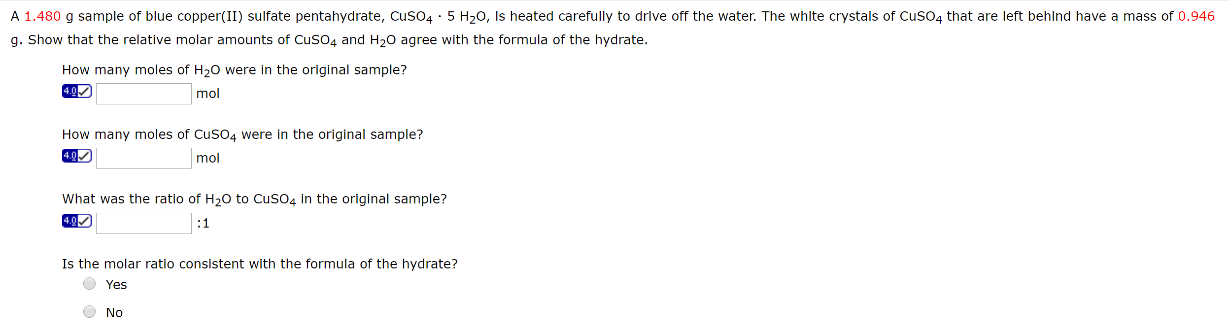 Solved A 1.480 g sample of blue copper(II) sulfate | Chegg.com