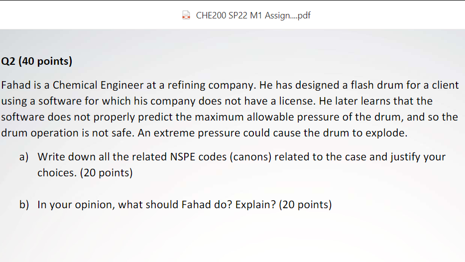 Solved CHE200 SP22 M1 Assign ....pdf Q2 (40 points) Fahad is | Chegg.com