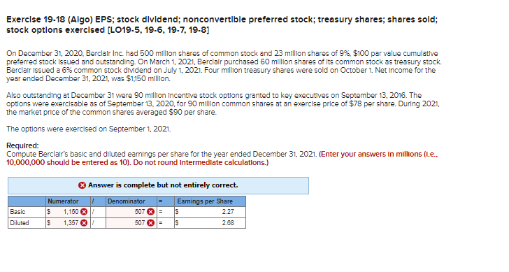 Solved Exerclse 19-18 (Algo) EPS; stock dlvldend; | Chegg.com