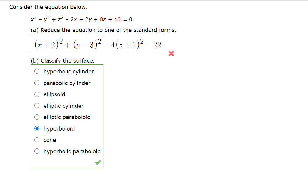 Solved Consider the equation below. x2 – y2 + z2 – 2x + 2y | Chegg.com