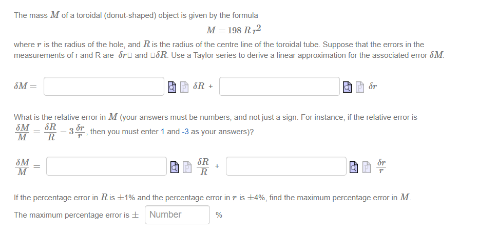 Solved The mass M ﻿of a toroidal (donut-shaped) ﻿object is | Chegg.com