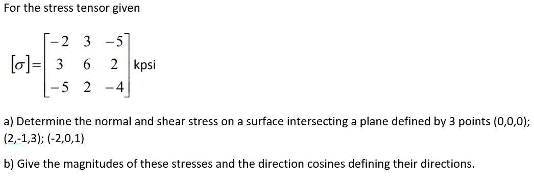 Solved For the stress tensor given - 2 3 -57 [6]= 3 6 2 -5 2 | Chegg.com