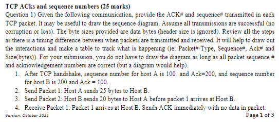 Solved TCP ACks and sequence numbers (25 marks) Question 1) | Chegg.com