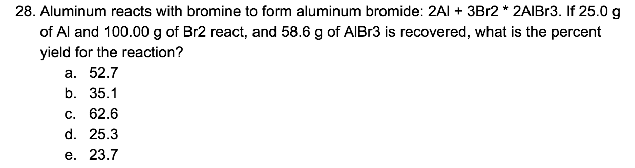 Solved 28. Aluminum reacts with bromine to form aluminum | Chegg.com
