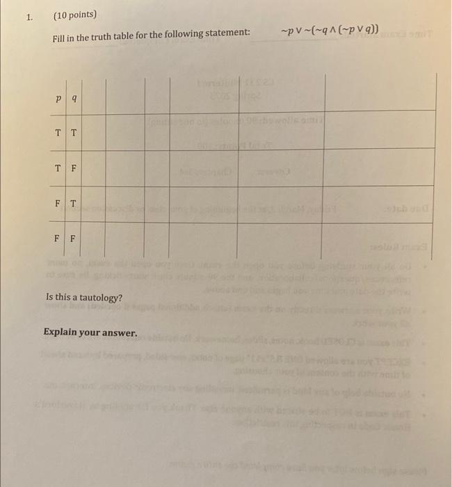 Solved 1. (10 points) Fill in the truth table for the | Chegg.com