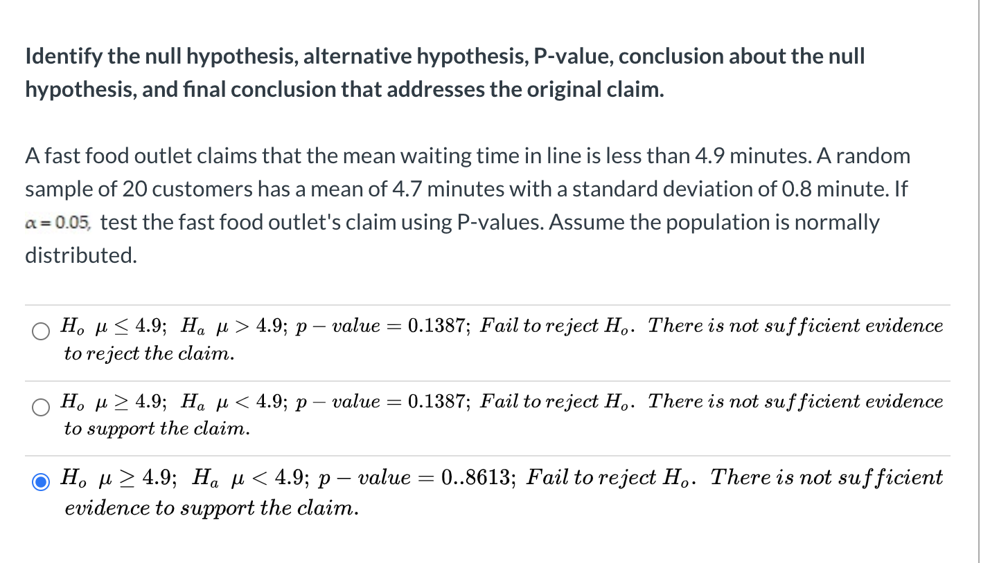 Solved Identify the null hypothesis, alternative hypothesis, | Chegg.com