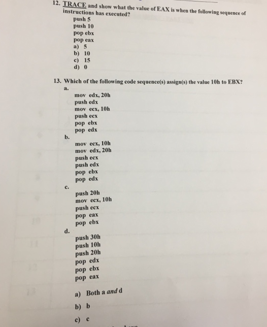 Solved 12. TRACE and show what the value of EAX is when the | Chegg.com