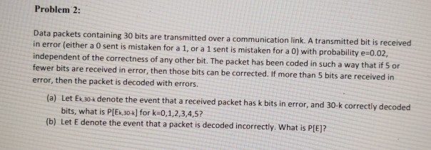 Solved Problem 2: Data packets containing 30 bits are | Chegg.com