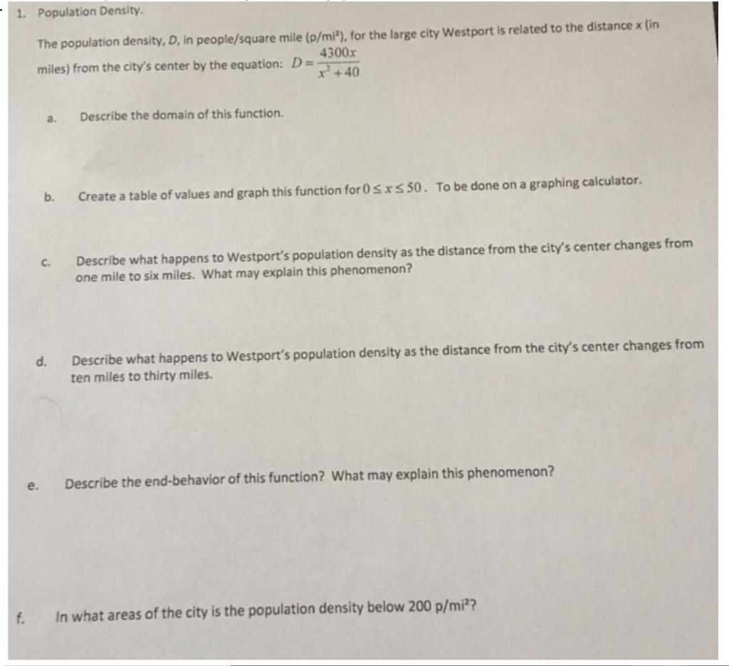 Solved 1. Population Density. The population density, D, in | Chegg.com