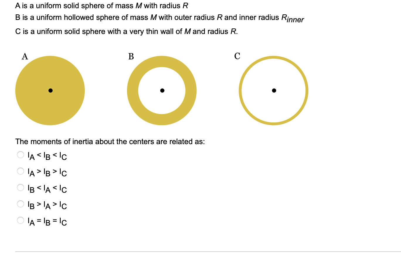 Solved A is a uniform solid sphere of mass M with radius R B | Chegg.com