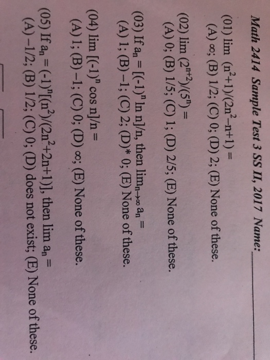 Solved lim (n^2 + 1)/(2n^2 - n + 1) = (A) infinity: (B) | Chegg.com